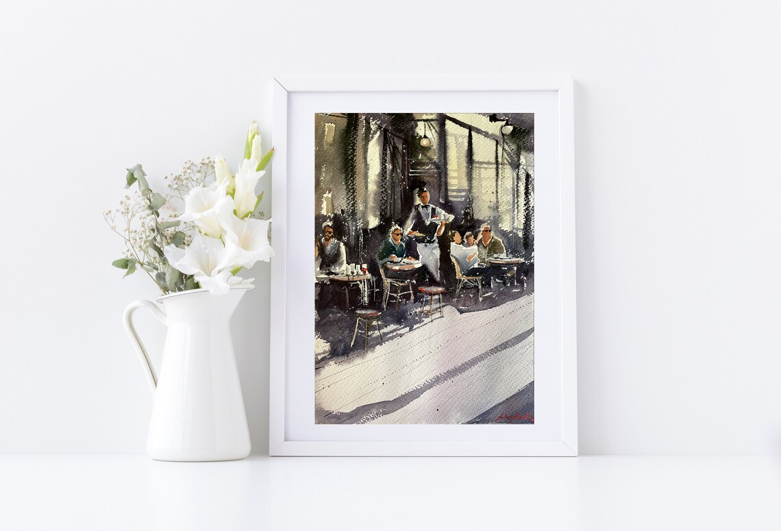 Waiter Restaurant Painting Print of Original Art Watercolor Painting ...