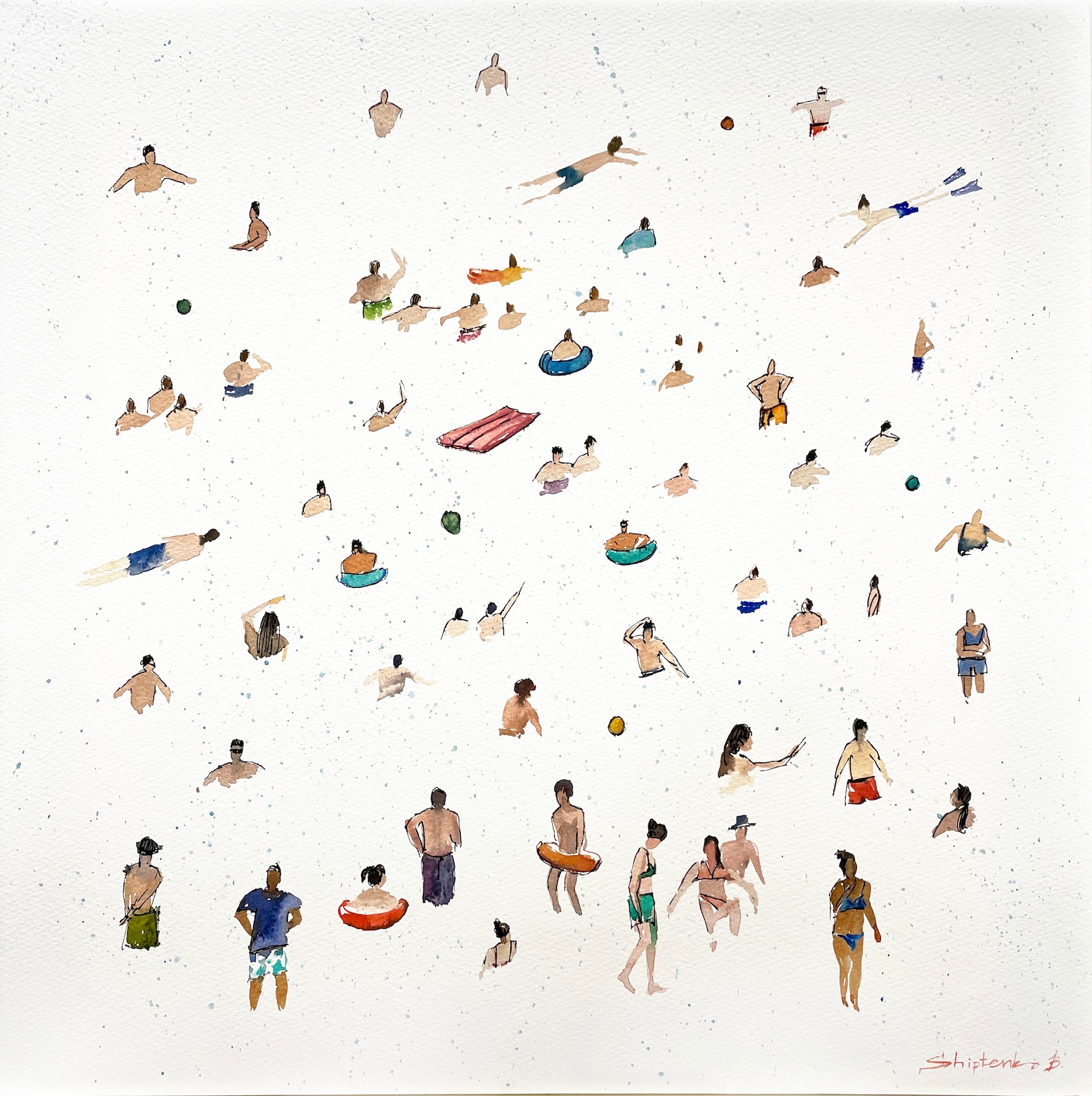 Bathing Season Original Art Watercolor Painting Swimming People Beach ...