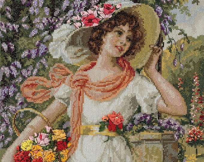 Cross Stitch Kit PANNA Girl With a Basket of Flowers Ribbon - Etsy
