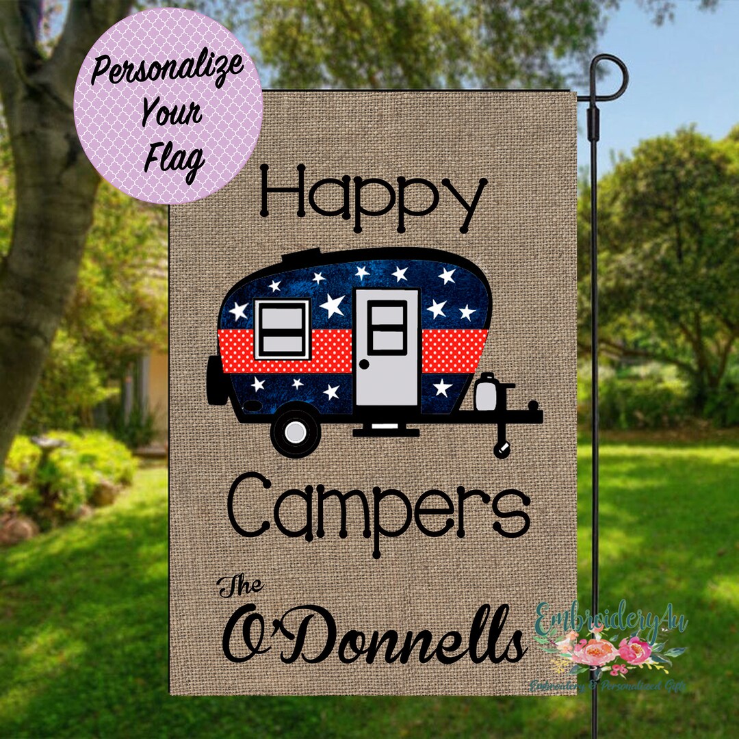 Personalized Happy Campers Flag|rv Campsite Flag|burlap Look Camping ...
