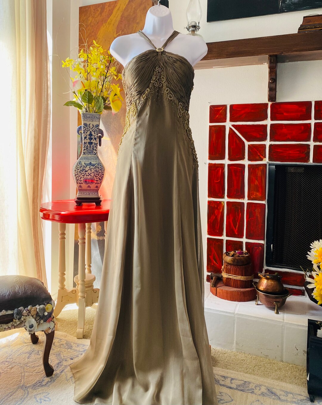 PAOLA Mother of the Bride Old Gold Silk Stoned Embellished Long Gown - Etsy