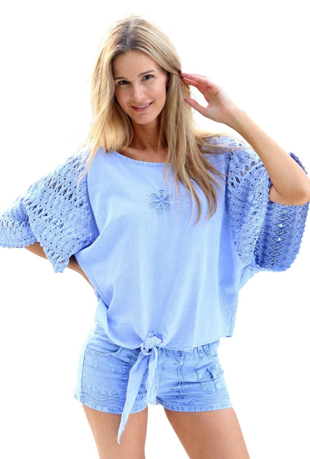 Organic Gauze Cotton Crochet NINA Boat Neckline Dolman Sleeves Nautical ...