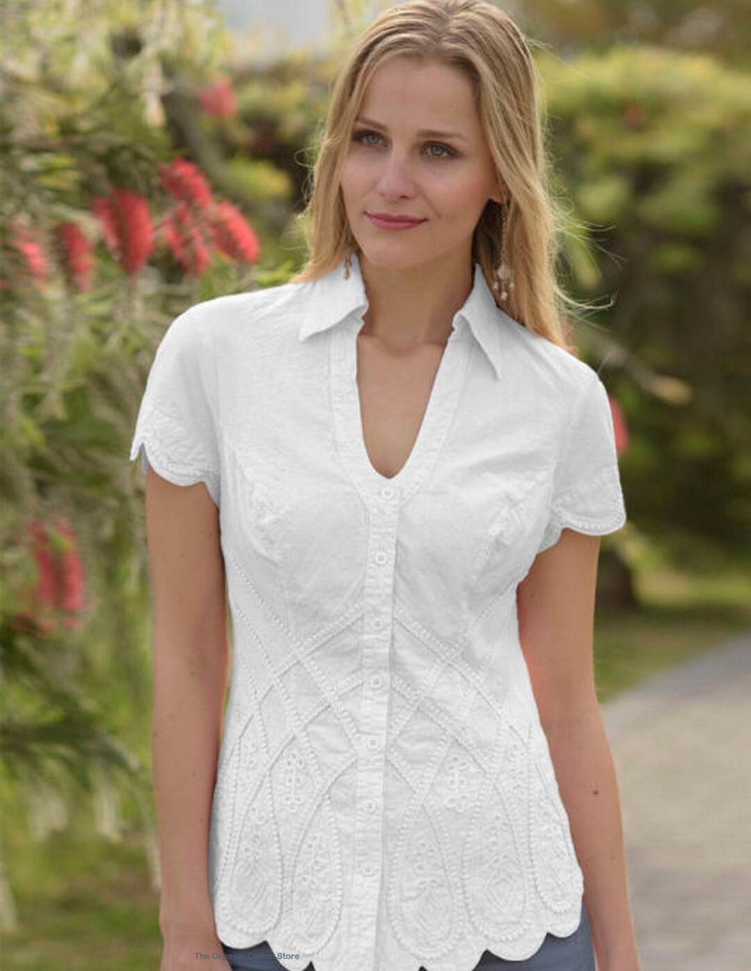 White Flattering Fit BRIA Organic Cotton Embroidered Cap Sleeve Blouse ...