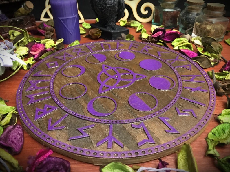 Altar table with Moon Phases and Futhark runes laser engraved | Etsy