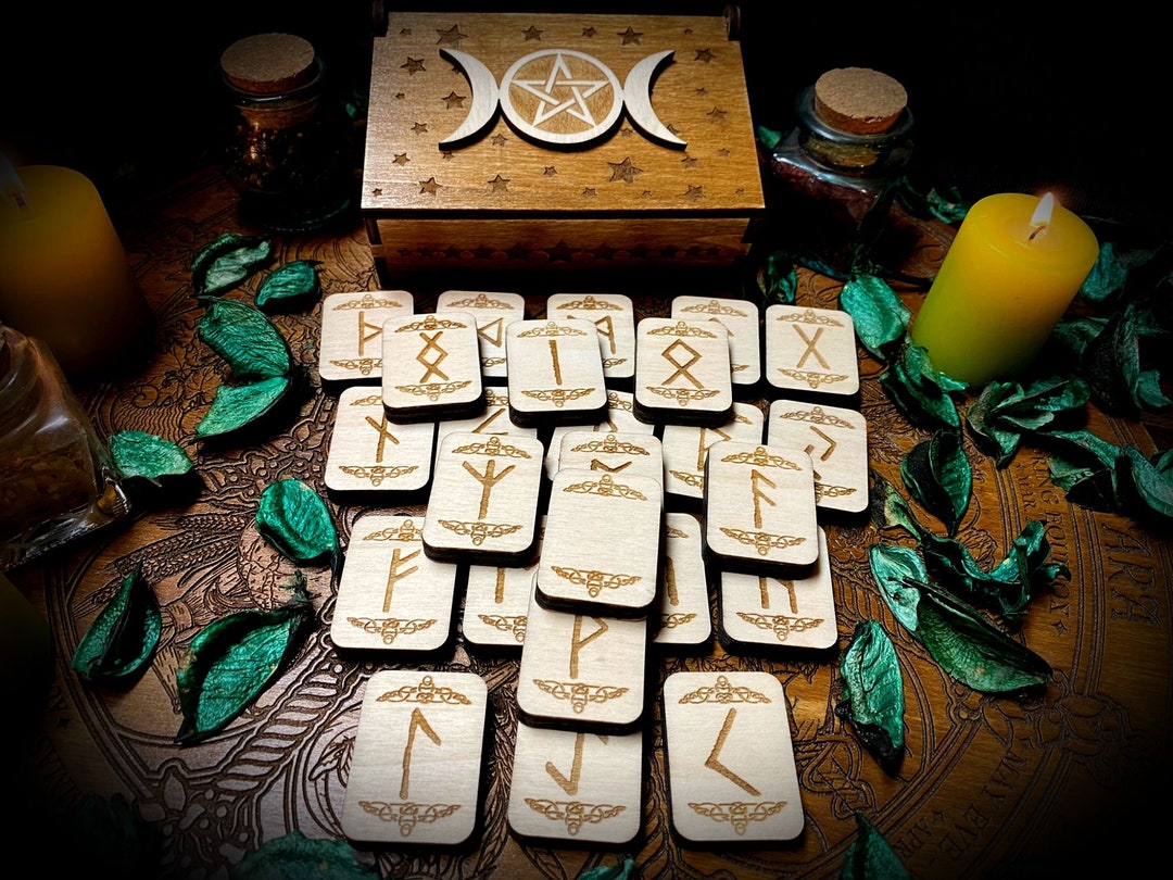 Aged Futhark Runes Set With Box "triple Moon" - Paganism Pagan Witch ...