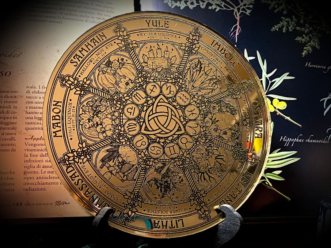 Wheel of the Year Laser Engraved on Gold Mirrored Acrylic Glass - Wicca ...