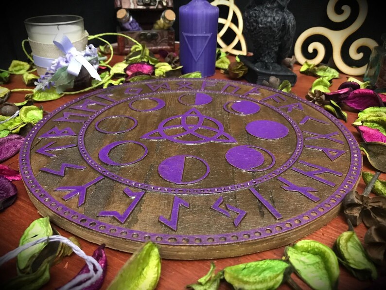 Altar table with Moon Phases and Futhark runes laser engraved | Etsy
