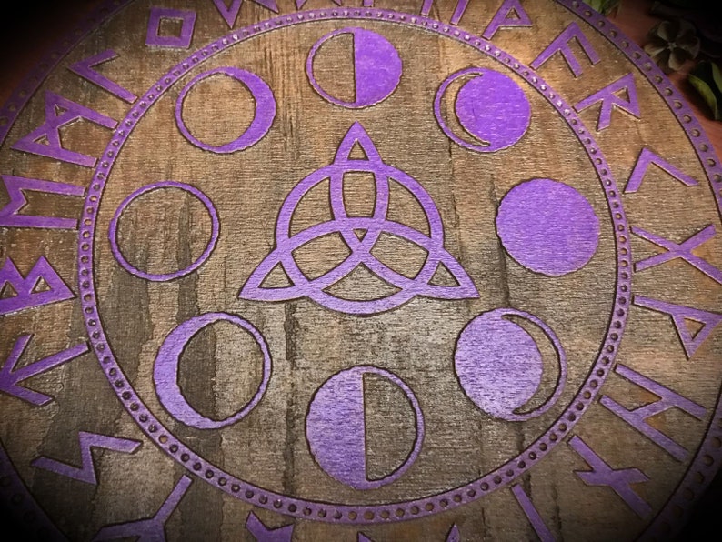 Altar table with Moon Phases and Futhark runes laser engraved | Etsy