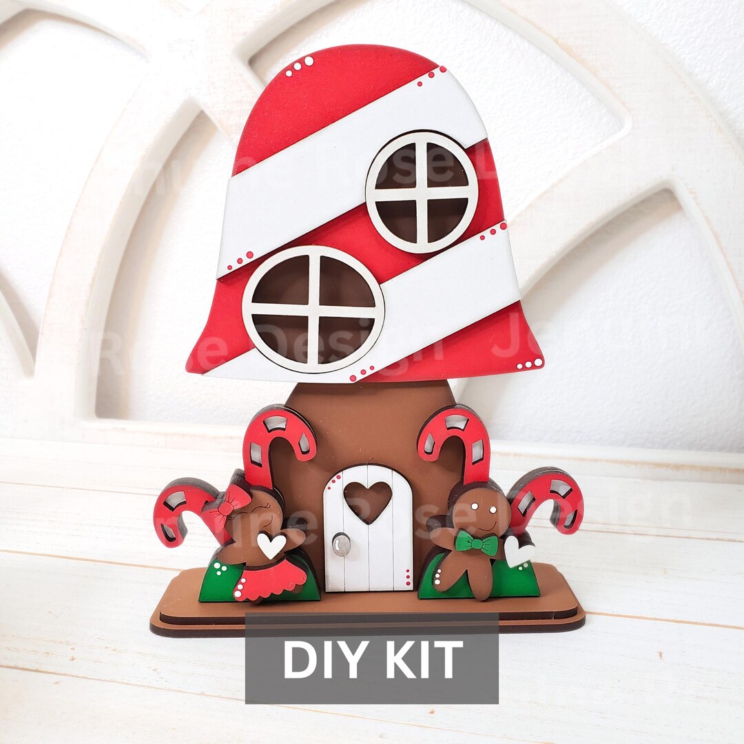 Gingerbread Mushroom House DIY Kit, Unfinished Wooden Peppermint Gnome ...