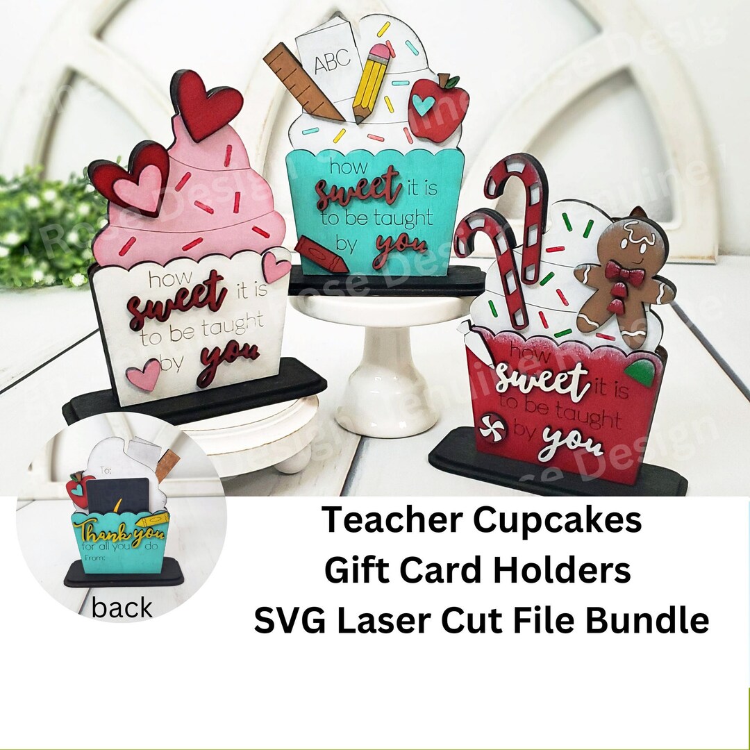 Teacher Cupcake Gift Card Holders Laser Cut File Bundle, SVG for Laser ...