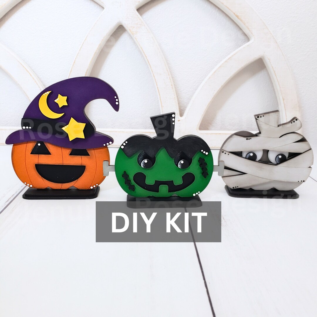 Halloween Jackolantern Trio DIY Kit, Unfinished Wooden Witch Hat ...