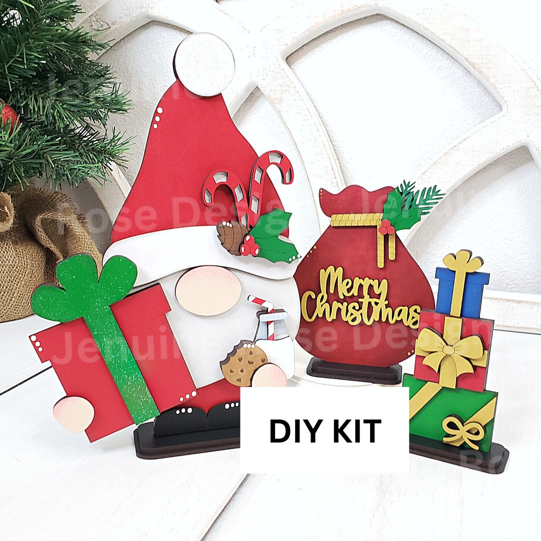 Santa Claus Gnome DIY Kit Bundle, Unfinished Wooden Christmas Gnome With Present Stack and Merry ...