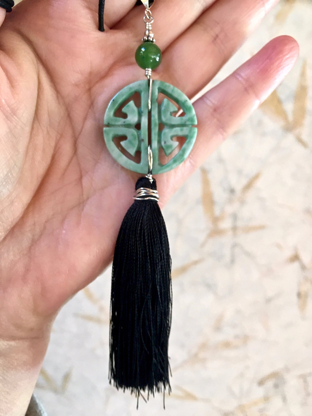Ching Hai "jade" With Nephrite Green Jade and a Black Tassel Pendant ...