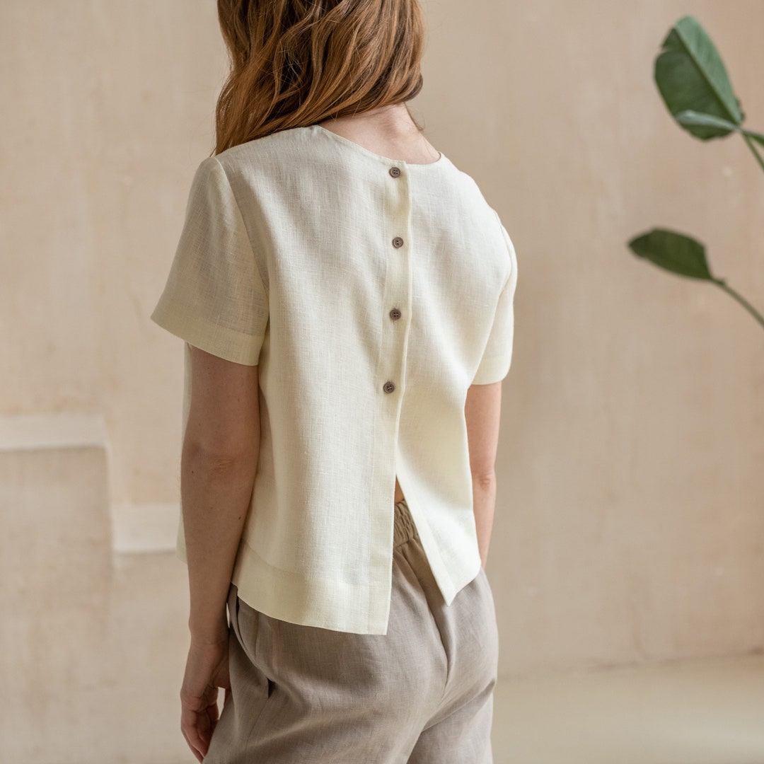 Linen Short-sleeve Button-back Blouse - Etsy