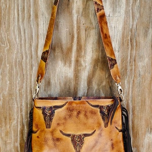 LX1 Ready to Ship Texas Longhorn Steer Western Leather Fringe Handbag ...