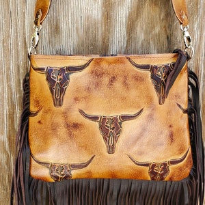 LX1 Ready to Ship Texas Longhorn Steer Western Leather Fringe Handbag ...