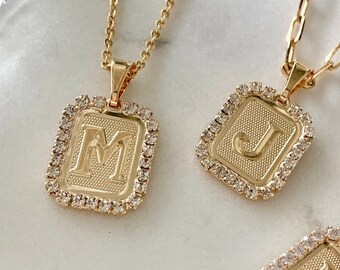 Gold Rectangle Initial Necklace - Etsy