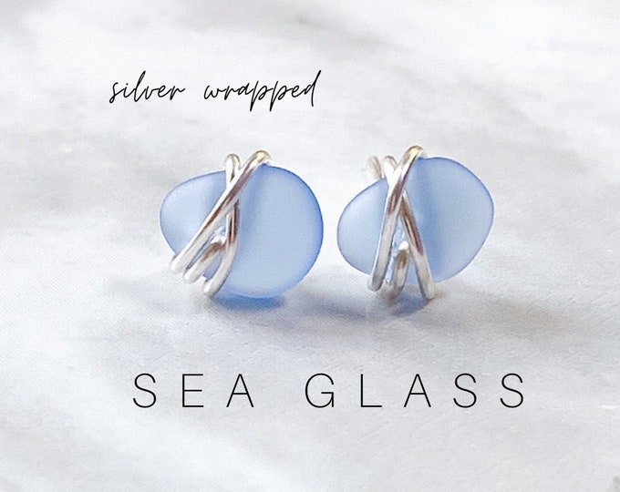 Blue Sea Glass Stud Earrings,handmade,sea Glass Earrings,beach Jewelry ...
