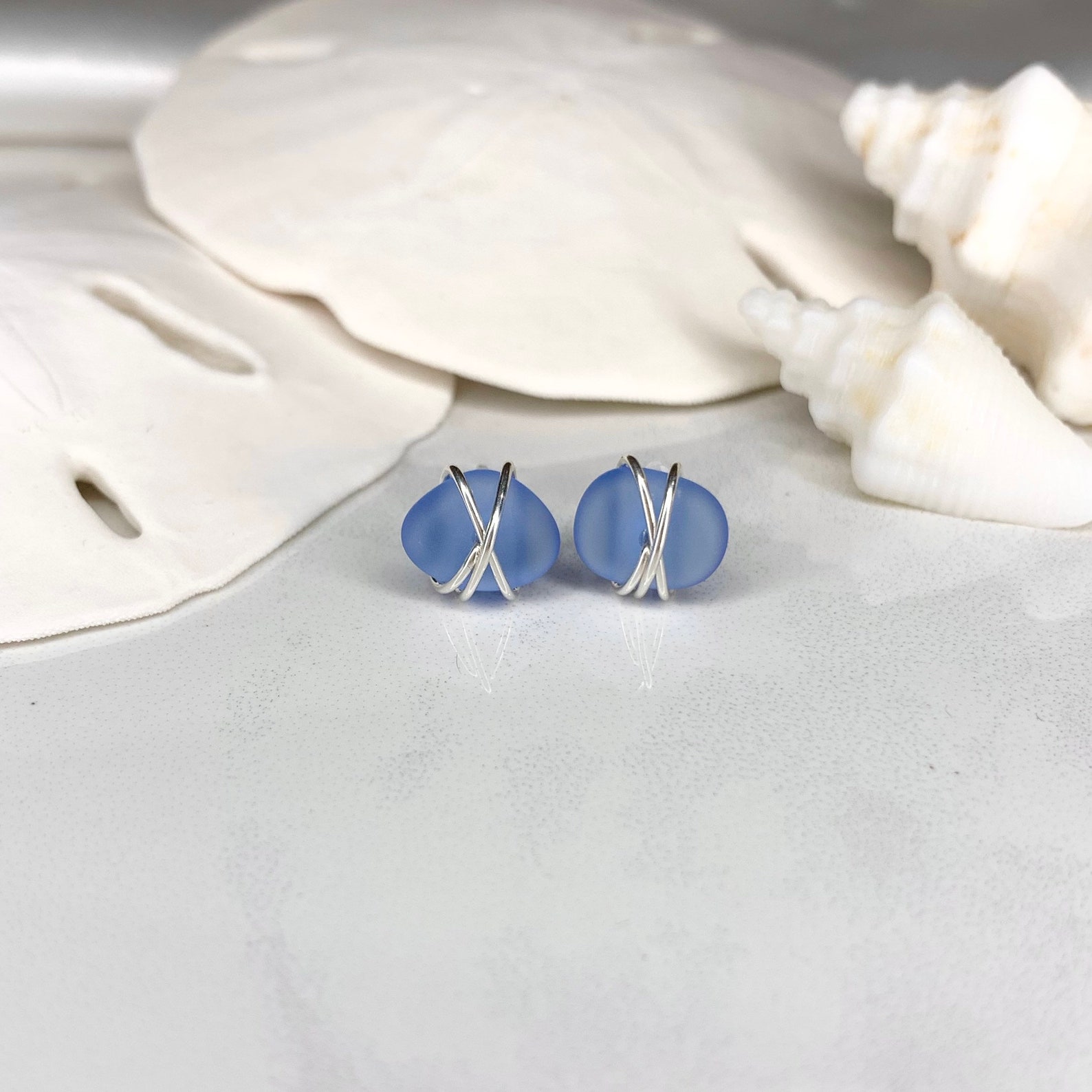 Blue Sea Glass Stud Earringshandmadesea Glass Earringsbeach - Etsy