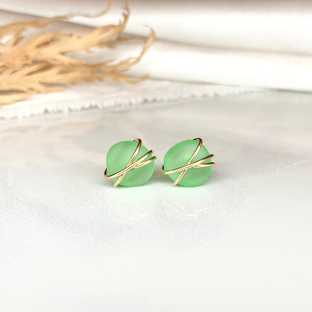 Green Sea Glass Stud Earrings,made to Order,beach Wedding,green ...