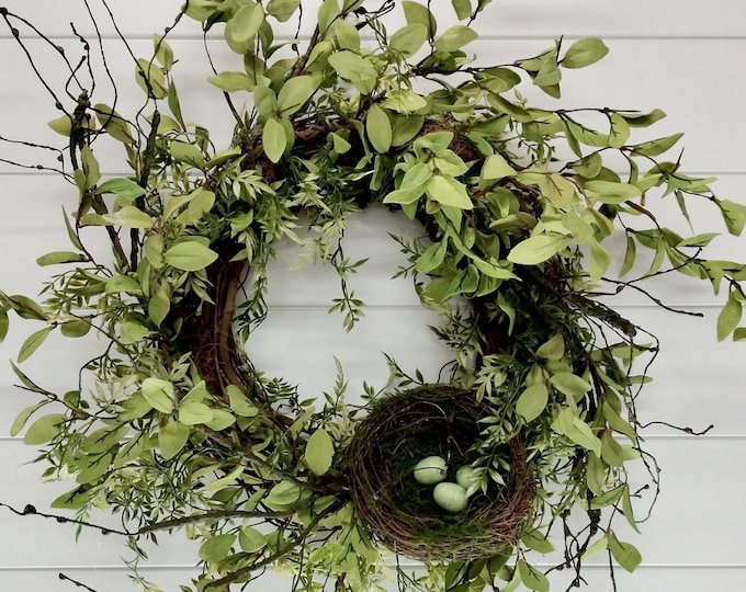 Elegant Farmhouse Bird Nest Wreath With Rustic Greenery for Year Round ...