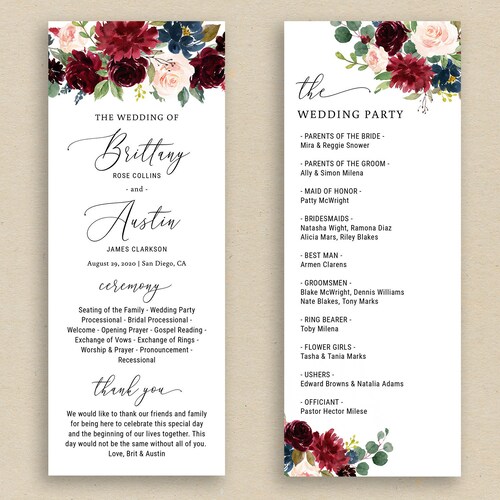 Burgundy Blush Bi-fold Wedding Program Template Boho Floral - Etsy