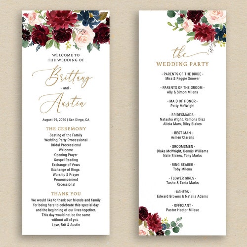 Burgundy Blush Navy Wedding Program Template Editable Floral - Etsy