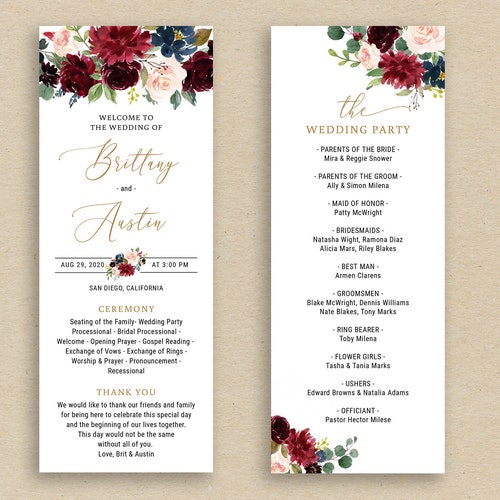 Printable Burgundy Floral Double Sided Long Wedding Program - Etsy