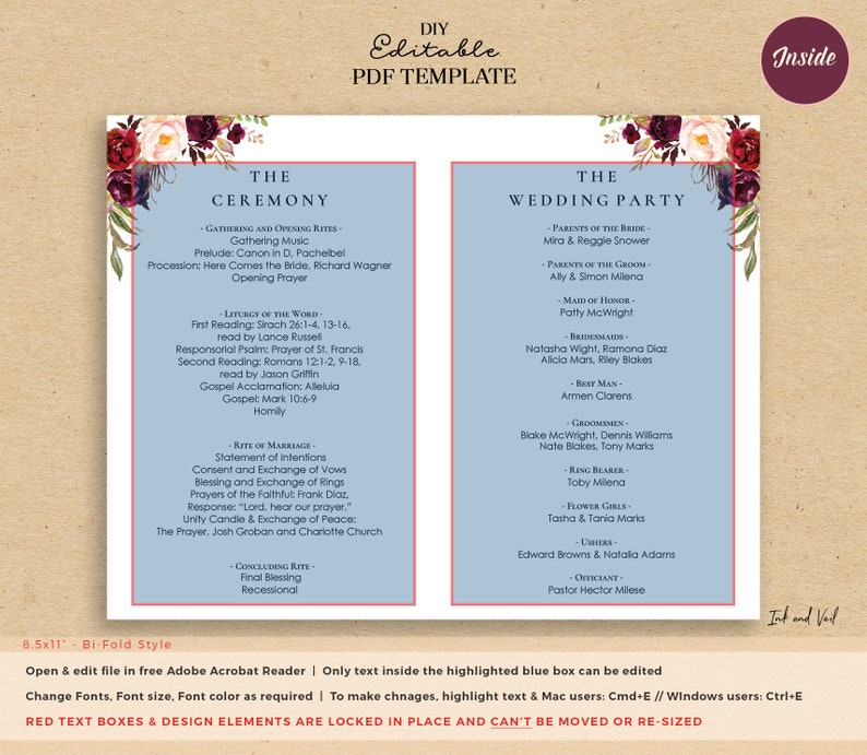 Editable Bi Fold Wedding Program Template Order Of Ceremony Etsy