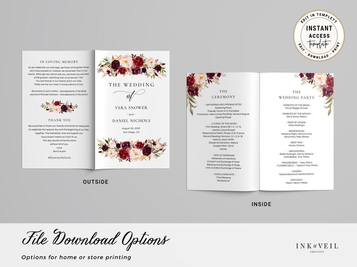 Burgundy Blush Bi-fold Wedding Program Template Boho Floral - Etsy
