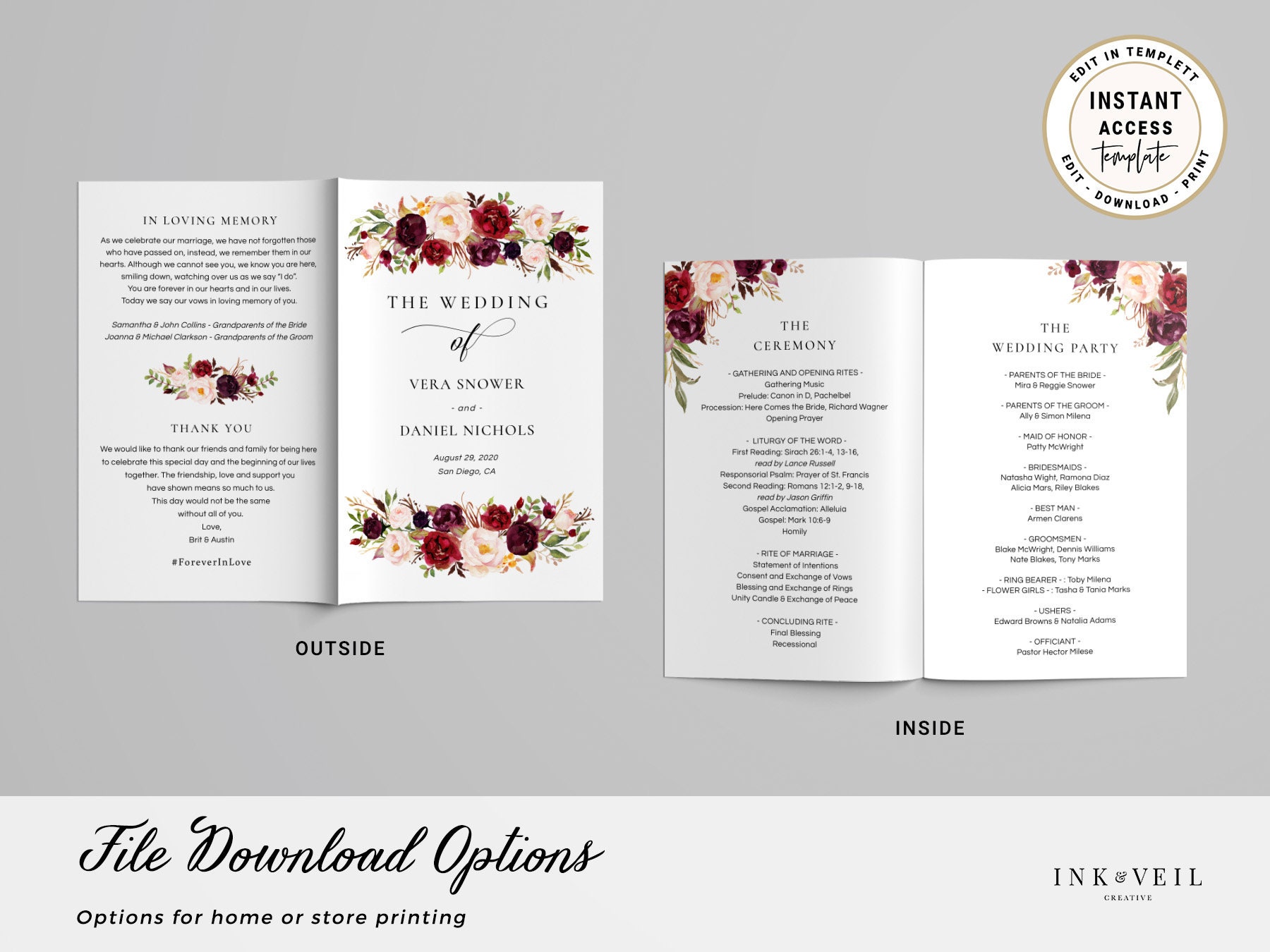 Burgundy Blush Bi-fold Wedding Program Template Boho Floral - Etsy