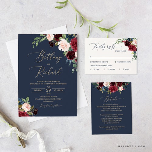 Floral Wedding Invitation Set Burgundy Wedding Invitation - Etsy