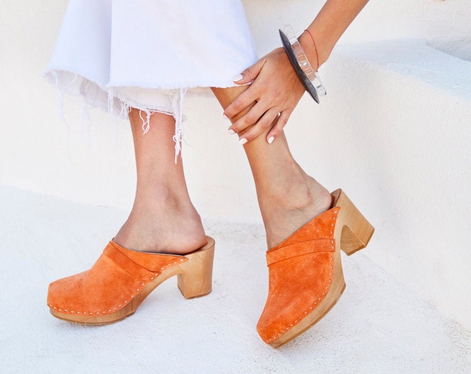 Leather Mules, Orange Wooden Platform Shoes, Handmade Swedish Clogs ...