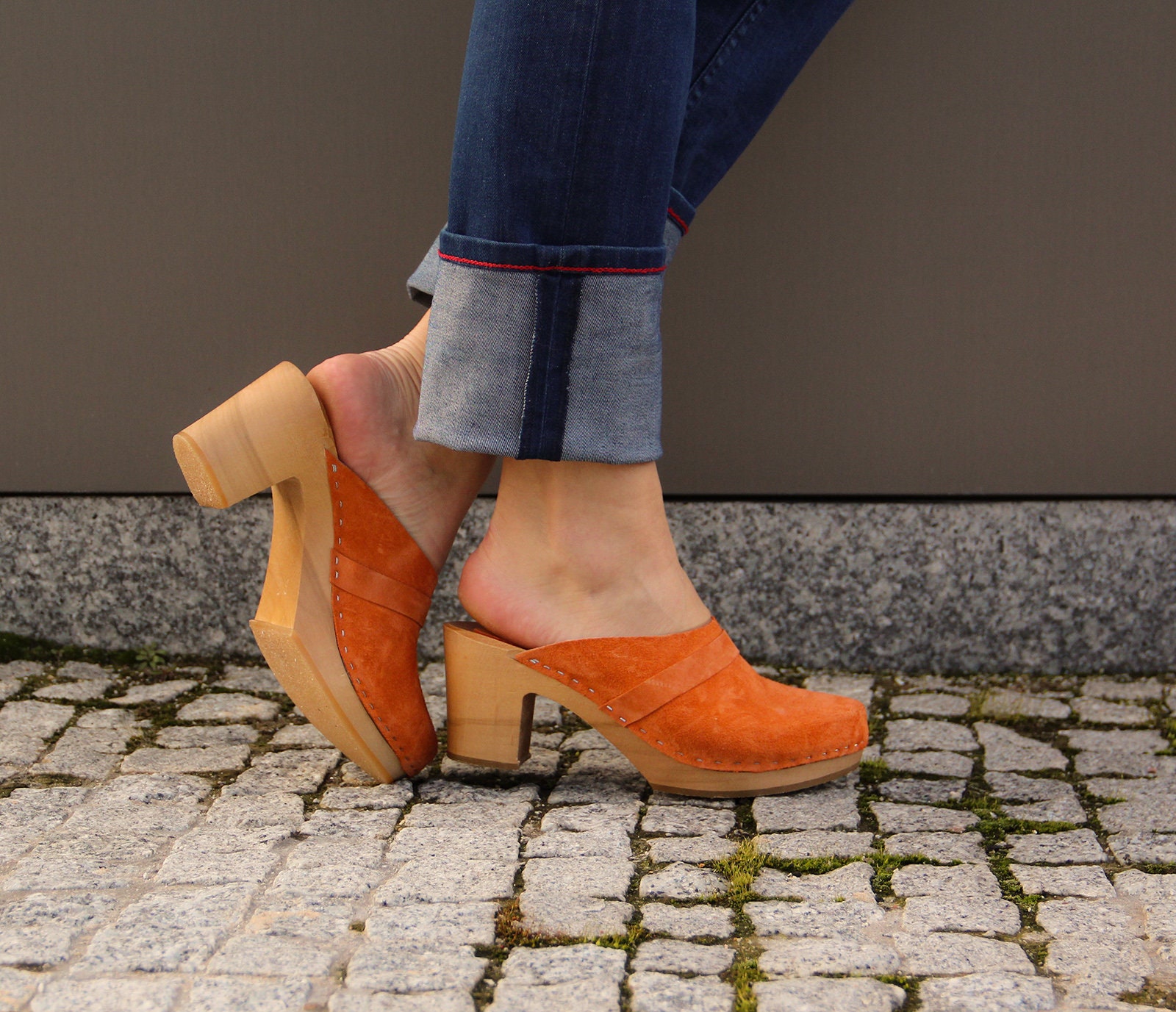 Orange Leather Clog Sandals, Handmade Swedish Clogs, Women Clogs Made ...