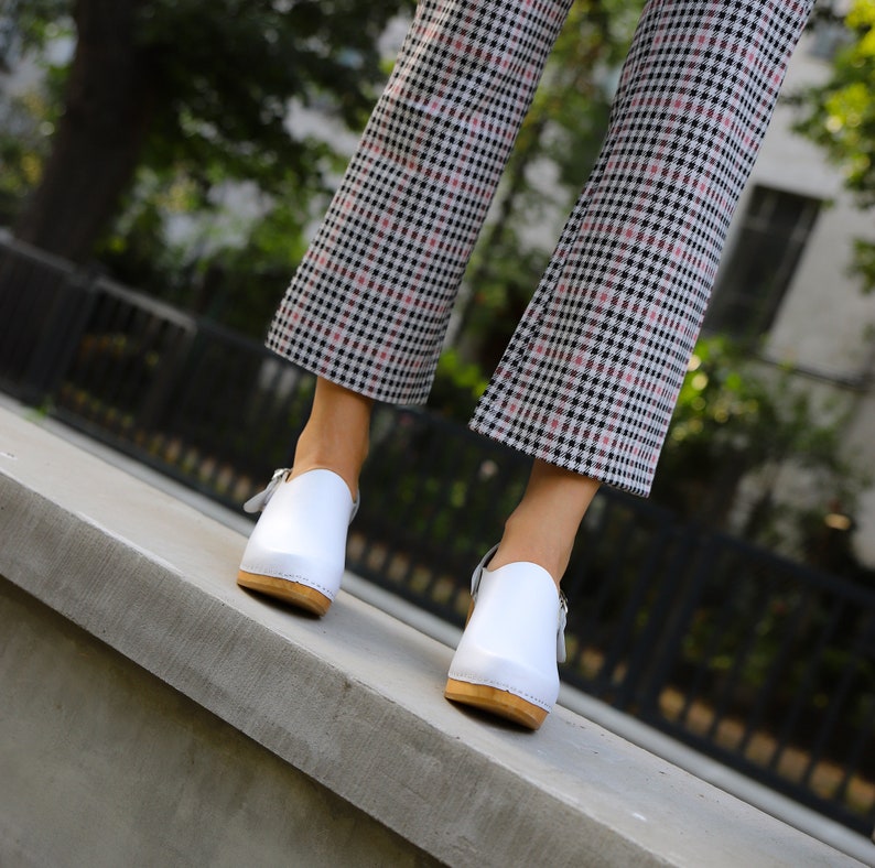 SALE - 25% off White Leather Wooden Clogs With Clips, Handmade Swedish ...