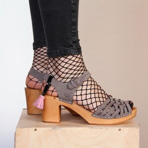 Gray Leather Clogs, Wooden Swedish Clogs, Mules for Her, Boho Sandals ...