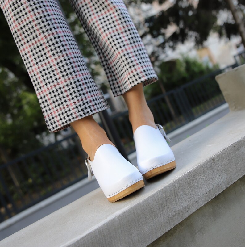 SALE - 25% off White Leather Wooden Clogs With Clips, Handmade Swedish ...