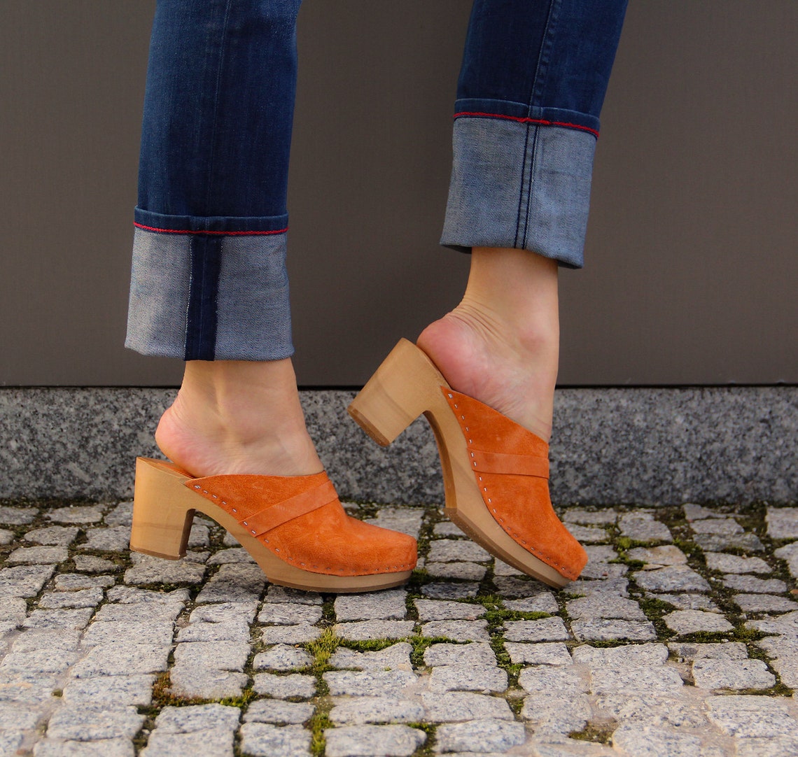 Mules en cuir chaussures à plate-forme en bois orange sabots - Etsy France