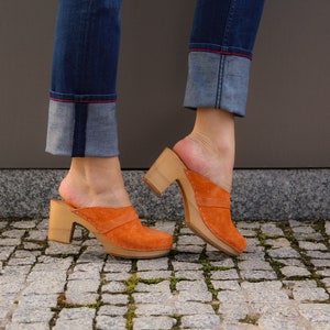 Leather Mules for Her, Orange Wooden Platform Shoes, Handmade Swedish ...