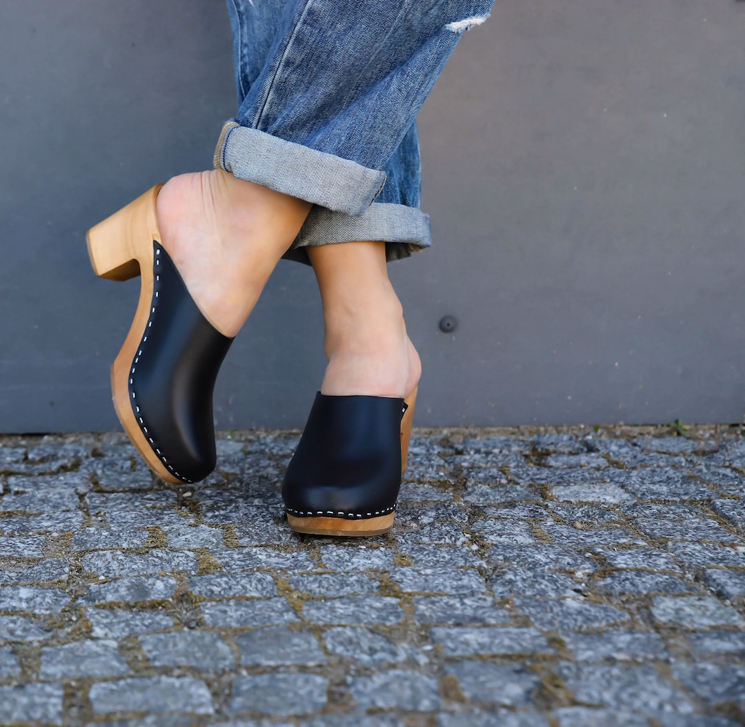 Black Leather Clogs by Kulikstyle | Handmade Wooden Clog Sandals | High ...