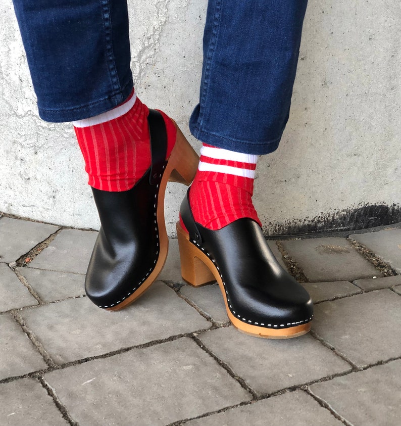 Black Leather Wooden Clogs With Clips Swedish Clogs Shoes - Etsy