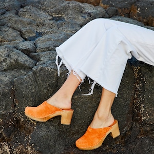 Leather Mules, Orange Wooden Platform Shoes, Handmade Swedish Clogs ...