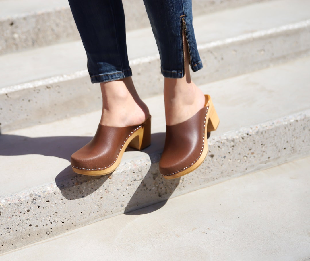 Leather Clog, Brown Wooden Swedish Clogs, Handmade Slingback Shoes ...