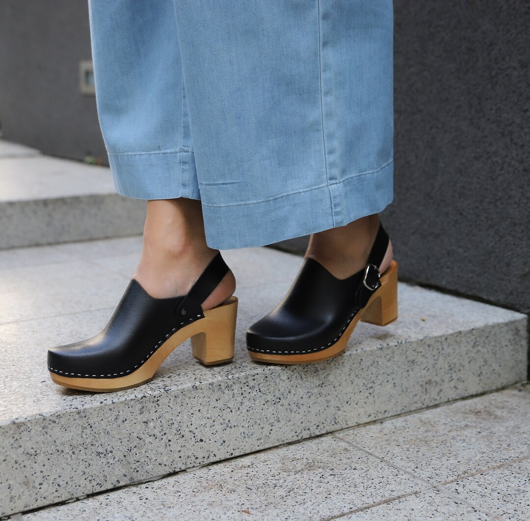 Black Leather Wooden Clogs With Clips, Swedish Clogs, Leather Shoes and ...
