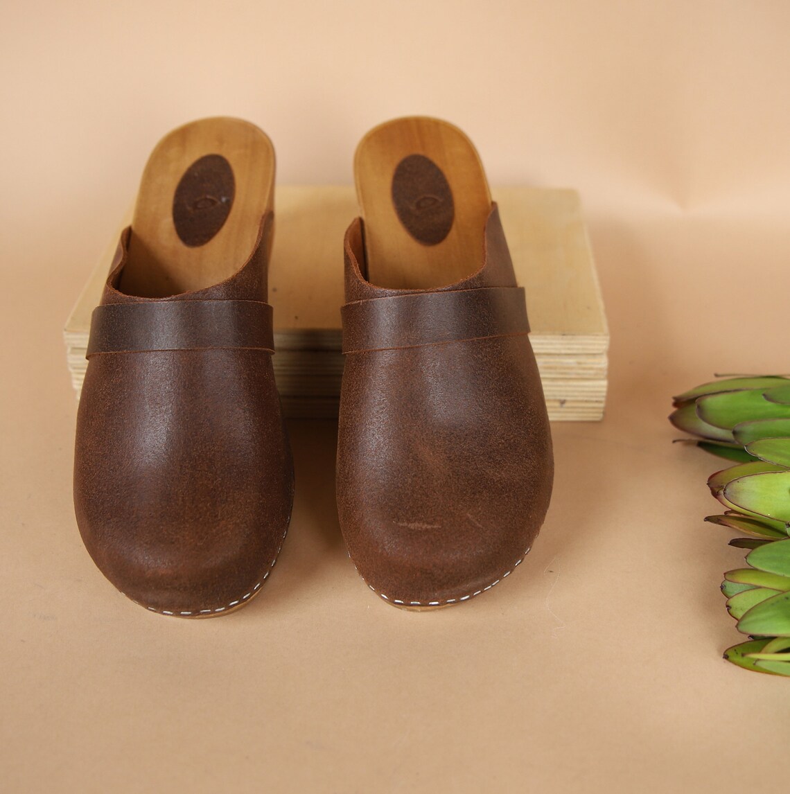 Brown Clogs Wooden Swedish Clogs Handmade Slingback Leather | Etsy