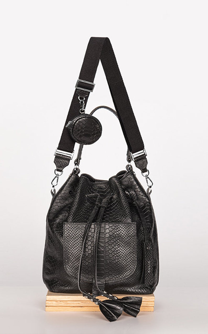Black Leather Bucket Bag With Small Pocket, Mamba Pattern Leather ...