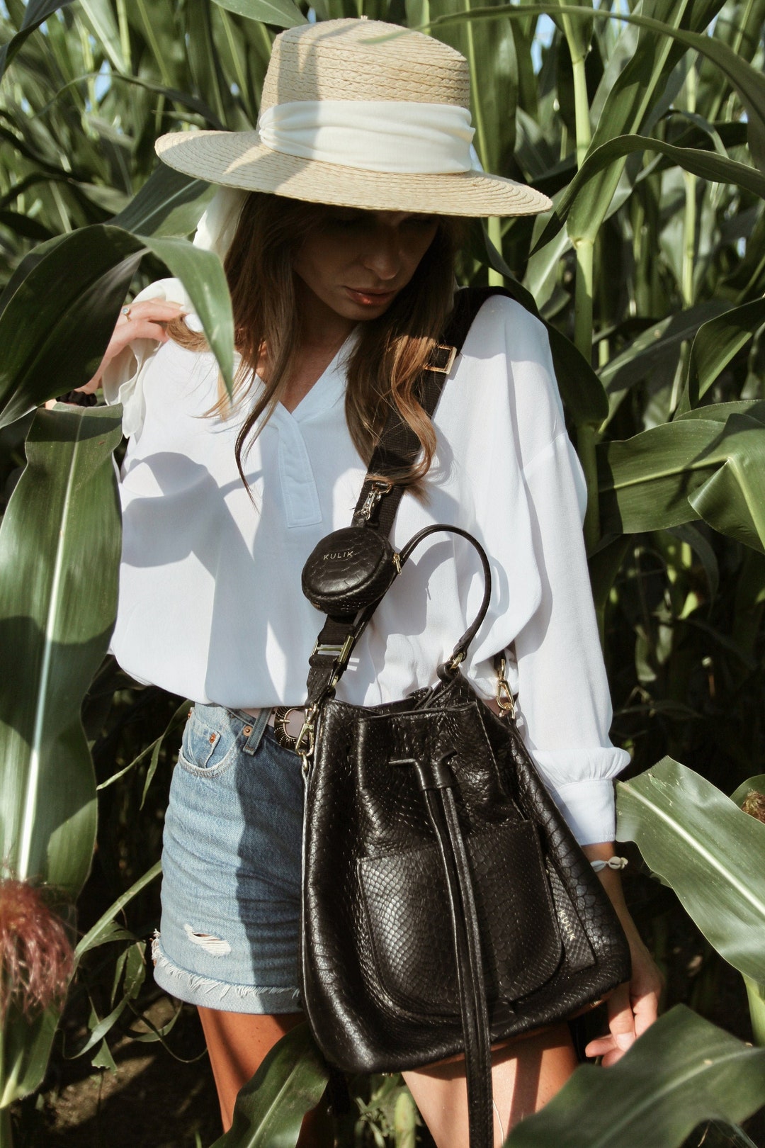 Black Leather Bucket Bag With Small Pocket, Mamba Pattern Leather ...