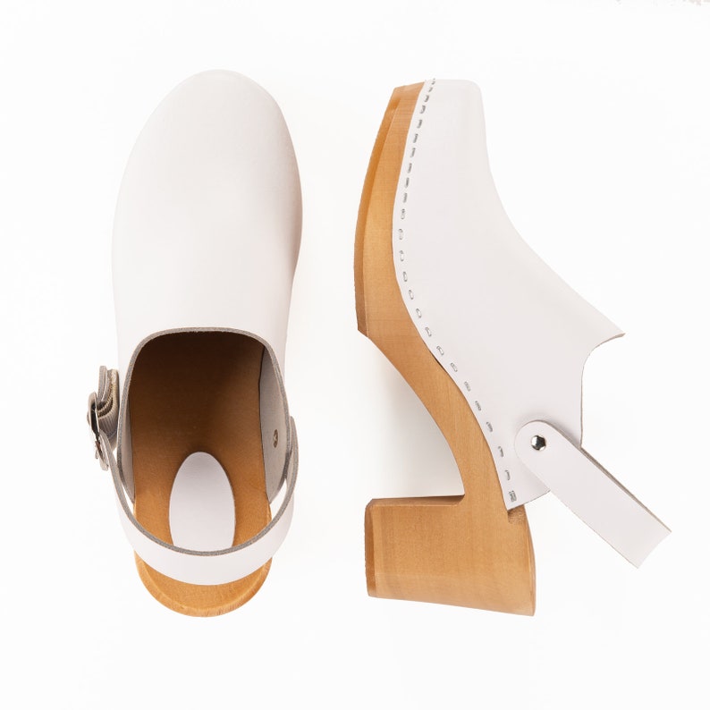 SALE - 25% off White Leather Wooden Clogs With Clips, Handmade Swedish ...