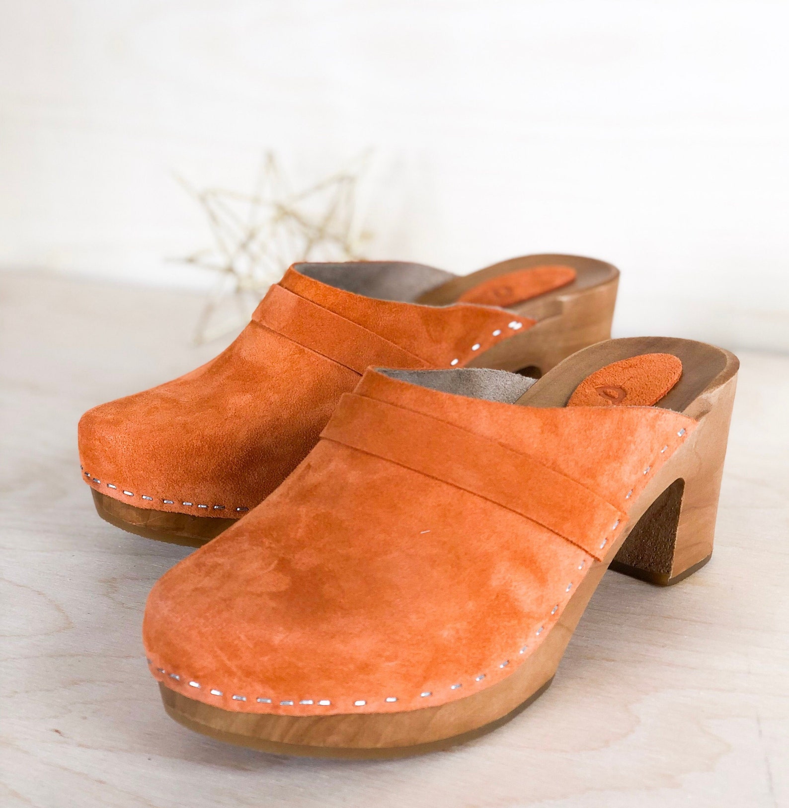 Orange Leather Clog Sandals, Handmade Swedish Clogs, Women Clogs Made ...