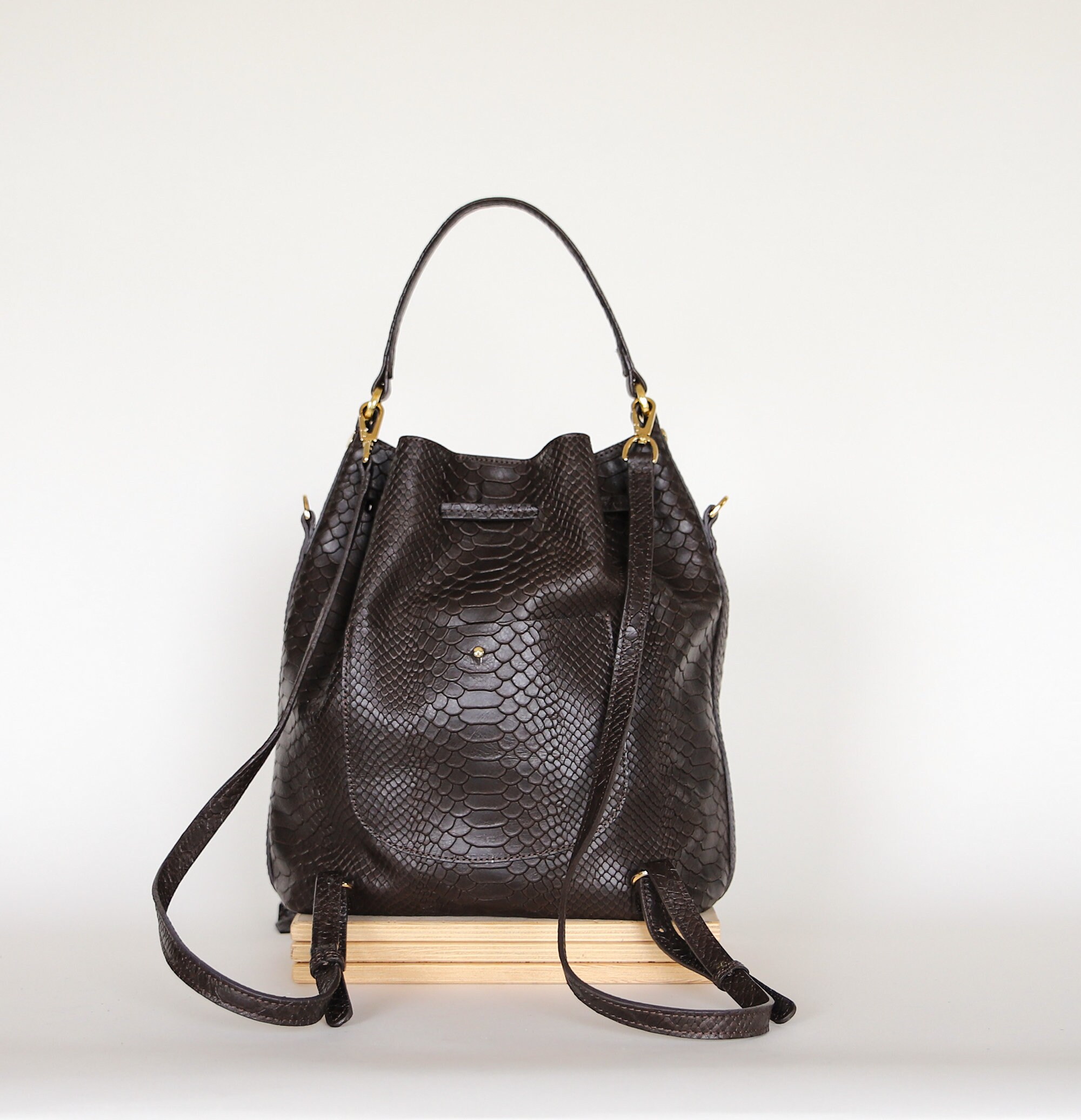 Brown Leather Bucket Bag Python Leather Bag Brown Backpack | Etsy